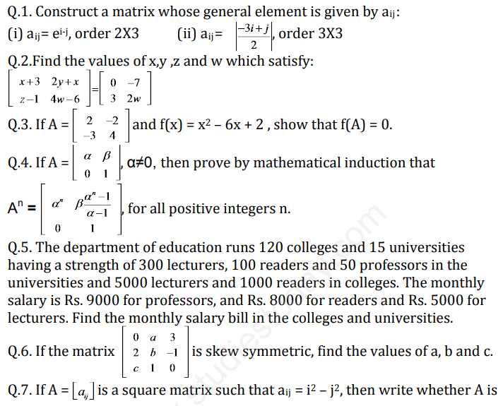 CBSE Class 12 Mathematics Matrices and Determinants Assignment Set G